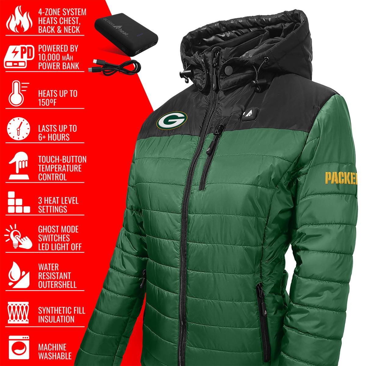 ActionHeat Green Bay Packers 5V Women's Colorblock Puffer Battery Heat ...